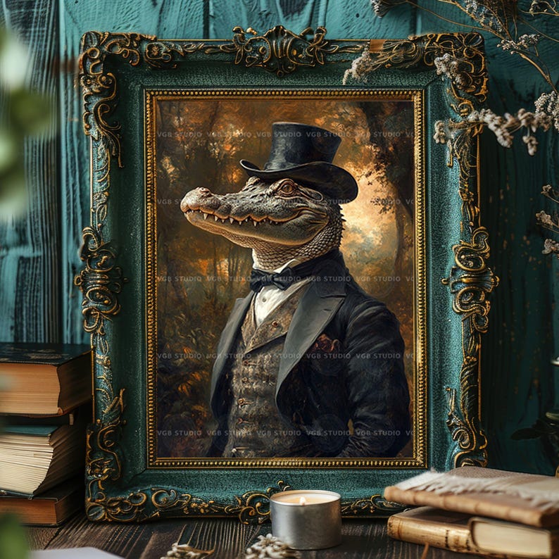 Alligator Art Print Victorian Animal Portrait Dapper Reptile Wall Decor ...