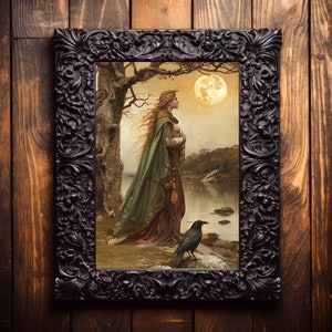 Morrigan Celtic Goddess Full Moon Print, Crow Raven Wicca Pagan Artwork ...