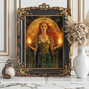 Celtic Goddess Brigid With Fiery Aura Art Print, Mystical Fire Deity Wall Art, Ethereal Fantasy ...