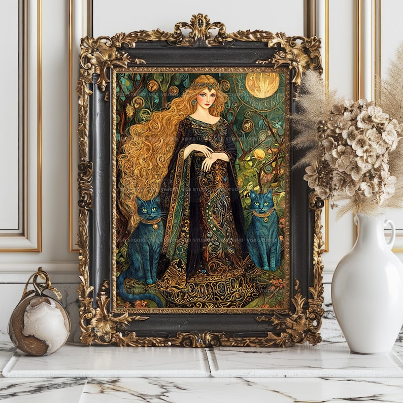 Freyja Norse Goddess Blue Mystical Cats and Moon Decor,nordic Mythology ...