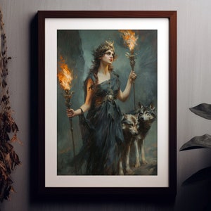 Hecate Greek Goddess Hekate Moon Crossroads Holding Torches With Wolves ...