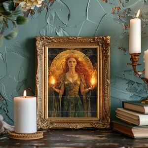 Celtic Goddess Brigid With Fiery Aura Art Print, Mystical Fire Deity Wall Art, Ethereal Fantasy ...