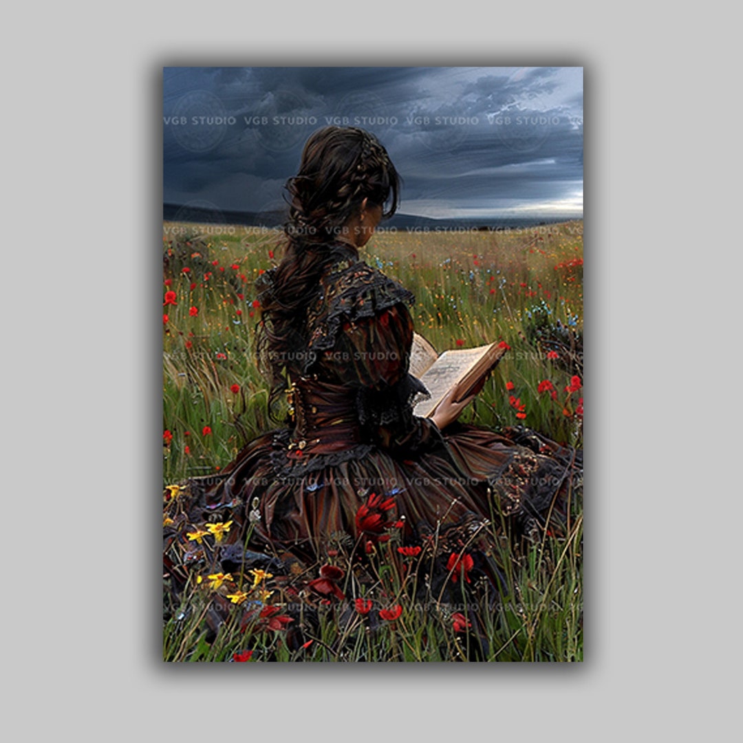 Bookish Woman Reading Book Victorian Art Print, Wildflowers Dark ...