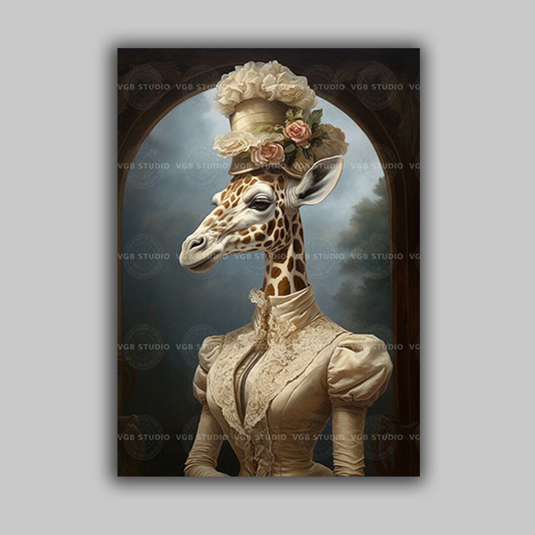 Giraffe Lady Art Print Victorian Animal Portrait Whimsical Giraffe in ...