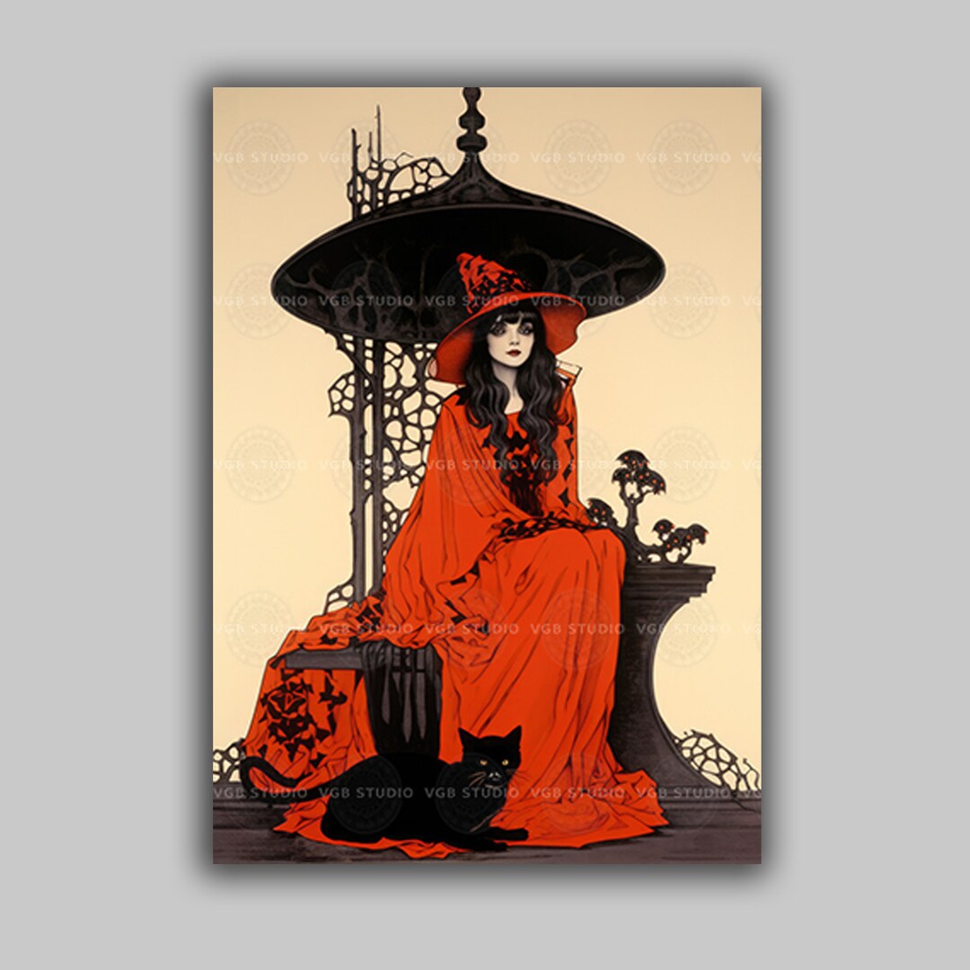 Witch in Red With Black Cat Art Print,retro Halloween Witch Poster ...