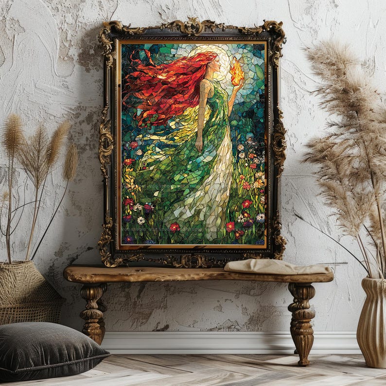 Brigid Art Print | Celtic Fire Goddess Stained Glass Mosaic Red Hair ...