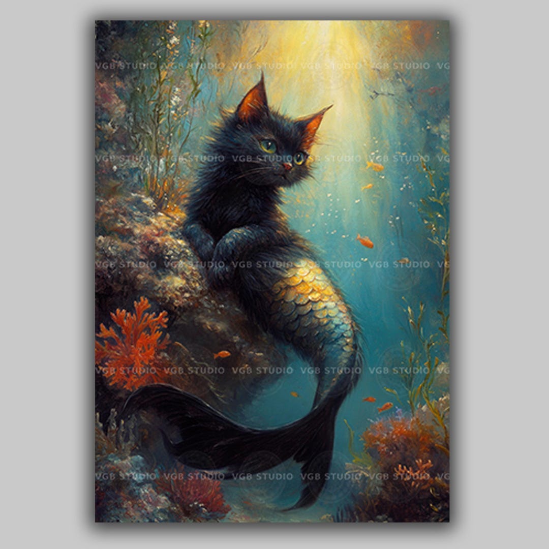 Black Mermaid Cat Art Print Fantasy Feline Wall Decor Ocean Creature ...