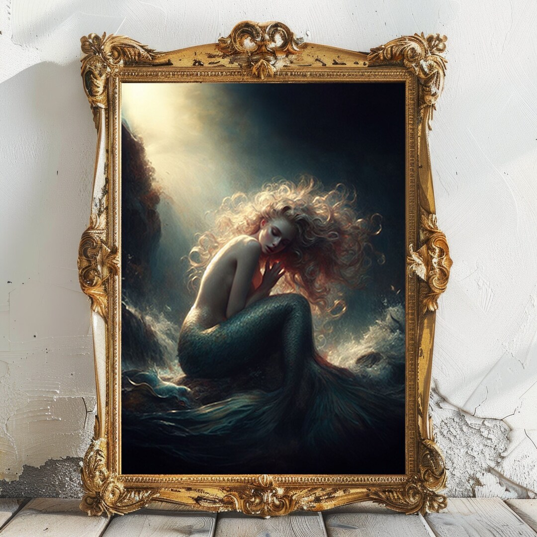 Beautiful Mermaid Siren Sea Storm Vintage Painting, Art Poster Print ...