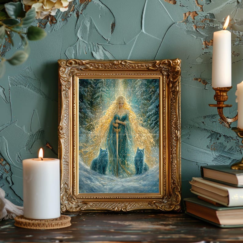 Freya Norse Goddess Art Print With Sword and Blue Cats, Freyja Radiant ...