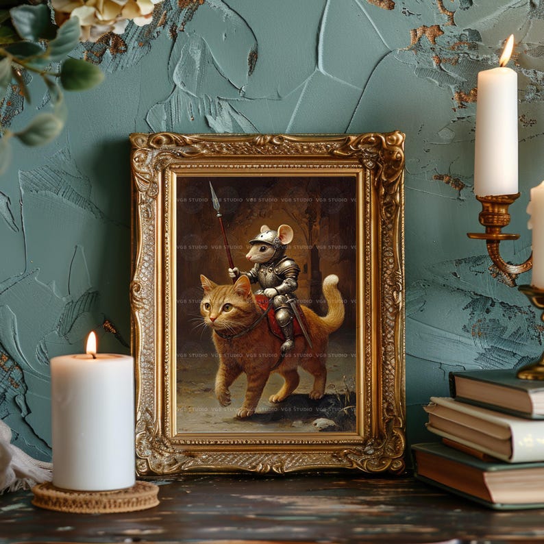 Mouse Knight Cat Art Print Funny Animal Warrior Illustration Whimsical ...