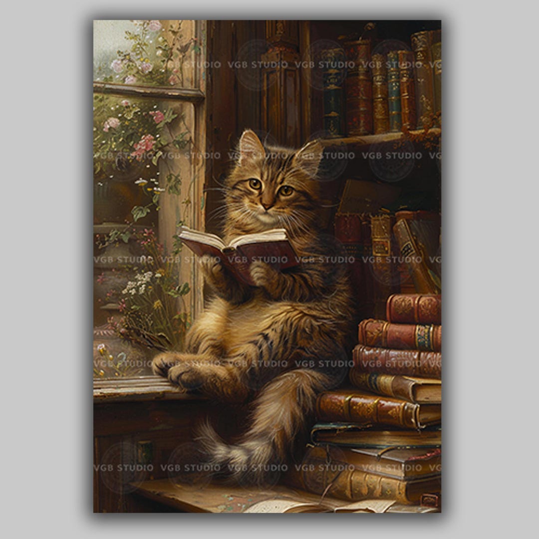 Ginger Tabby Cat Reading Book Antique Old Library Print, Bookish ...