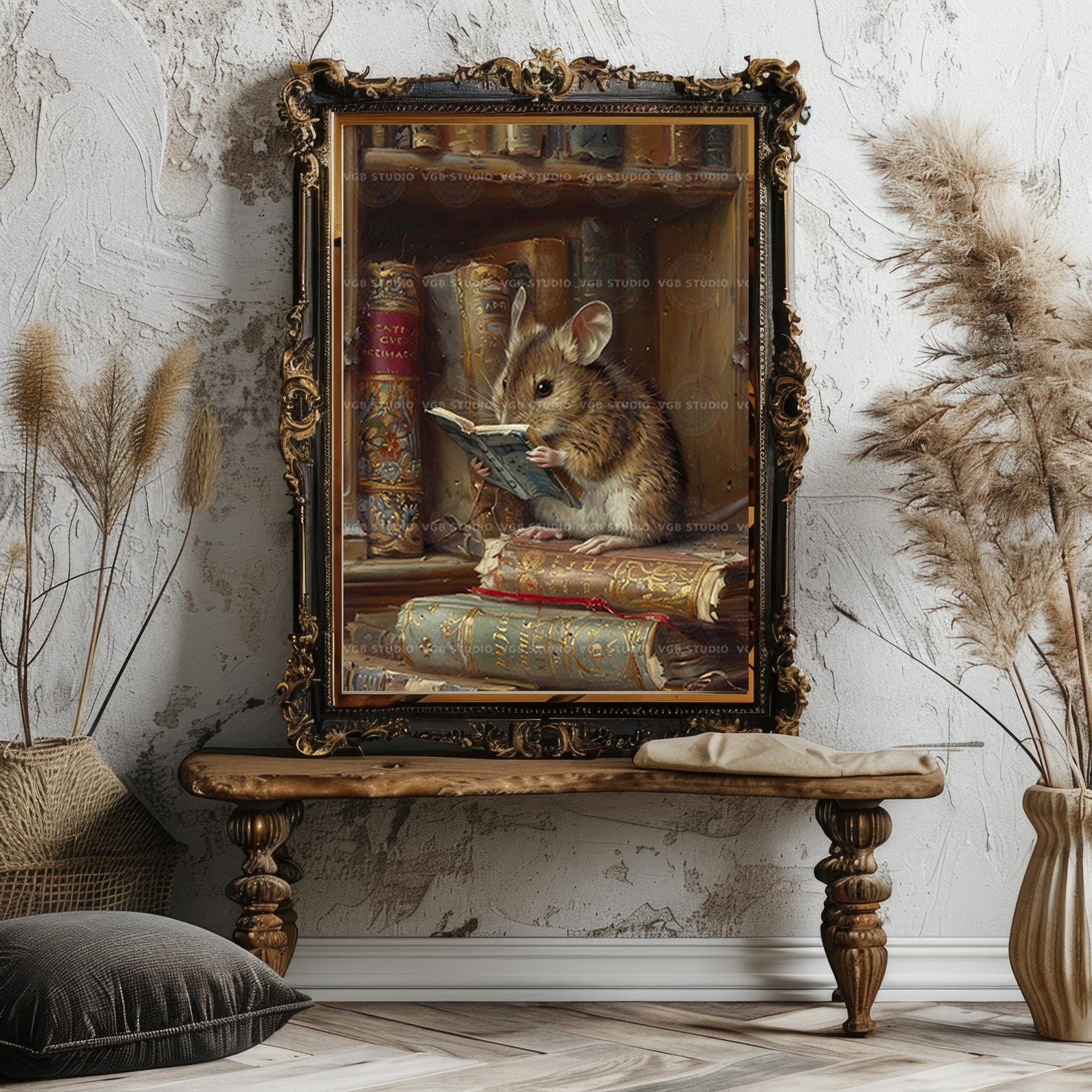 Mouse Reading Book Antique Old Library Print, Bookish Animal Whimsical ...