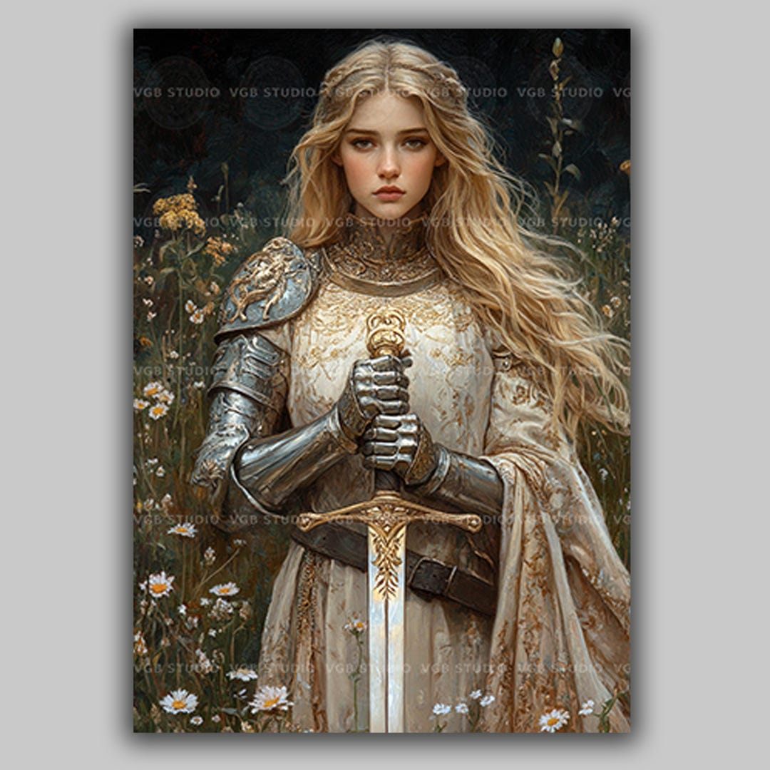 Woman Warrior Art Print | Medieval Armor Sword Flowers Field | Fantasy ...