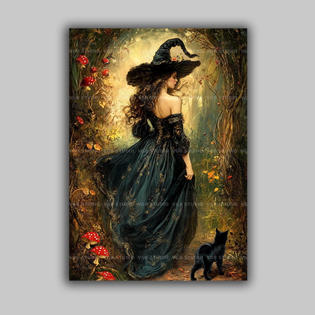 Enchanted Witch and Black Cat Art Print, Mystical Moonlit Forest Scene ...
