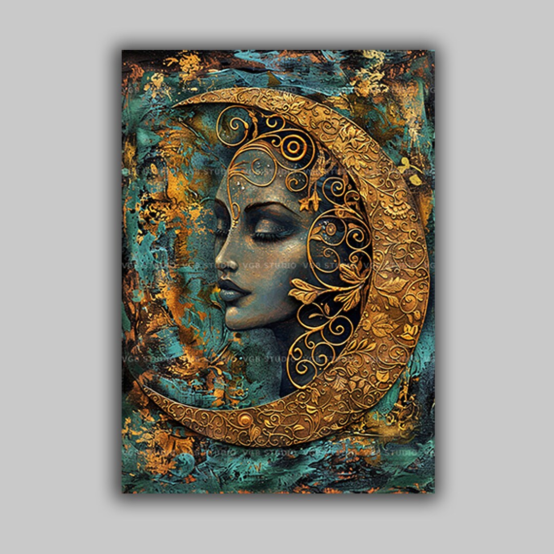 Selene Moon Greek Goddess Golden Celestial Luna Painting, Mystical ...