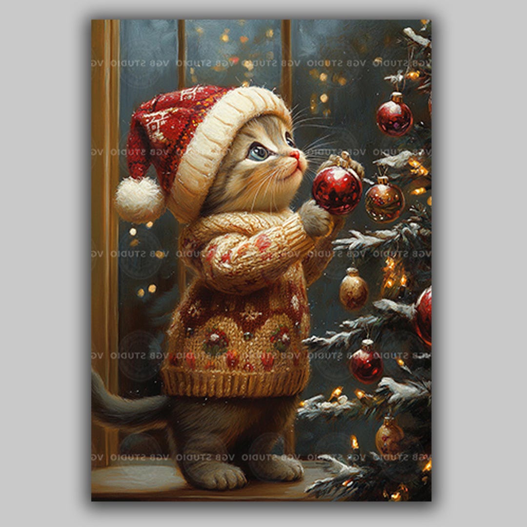 Holiday Tabby Cat Decorating Christmas Tree Art Print,festive Decor ...