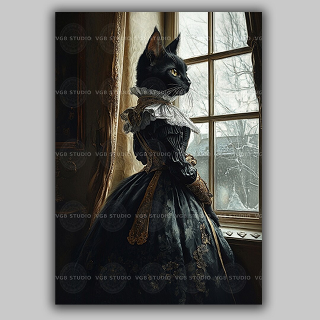 Gothic Black Cat Victorian Refined Lady Print, Dark Academy Goth Feline ...