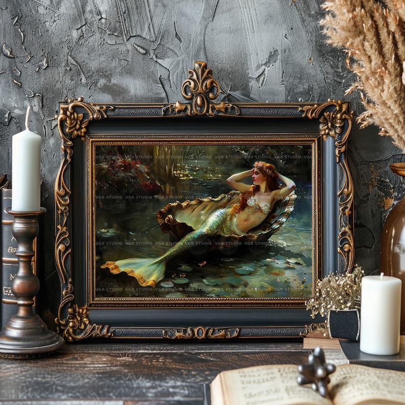 Mermaid in Shell Art Print | Green Gold Tail Flower Crown Classical ...