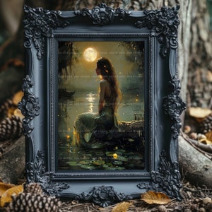 Mermaid Lagoon Dark Forest Moon Painting, Lonely Siren Wall Art, Water ...