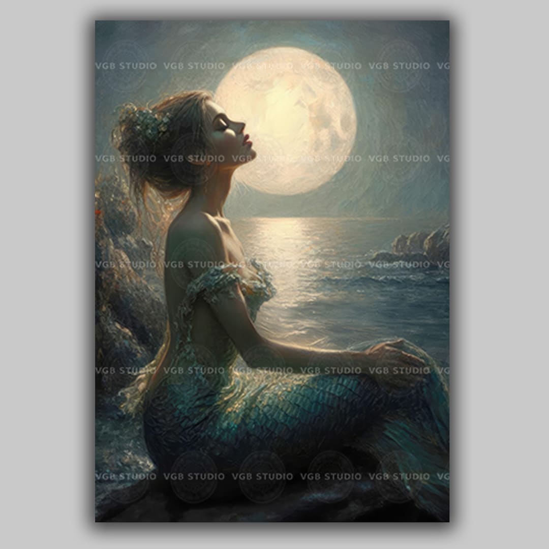 Moonlit Mermaid Fantasy Art Print Romantic Ocean Siren Portrait Soft ...