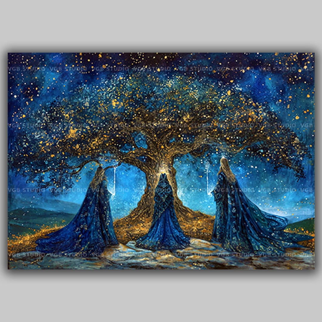 Norns Norse Goddesses of Fate Art Print Under Yggdrasil Tree in Blue ...