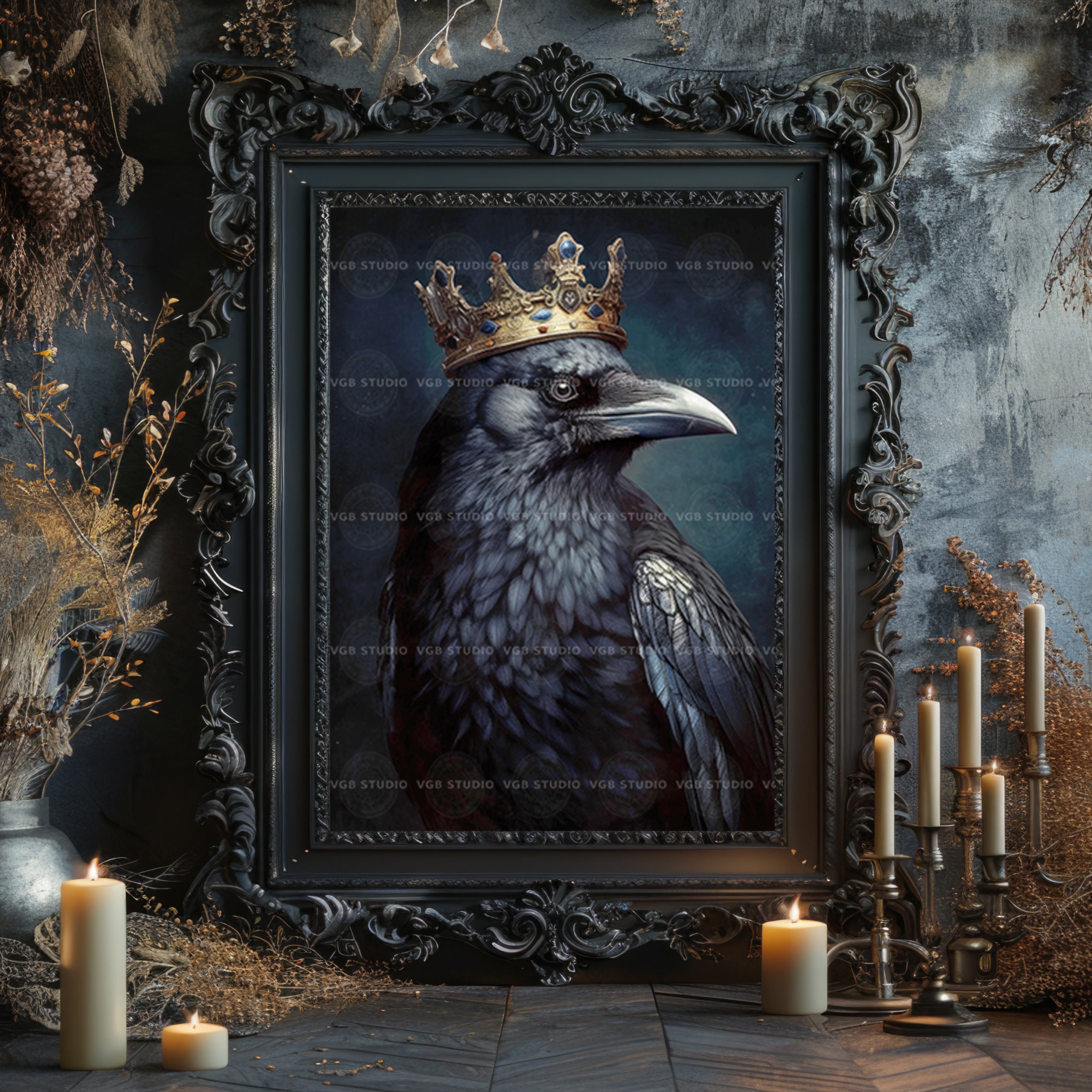 Gothic Black Crow King, Raven With Crown on Head Art Poster Giclee ...