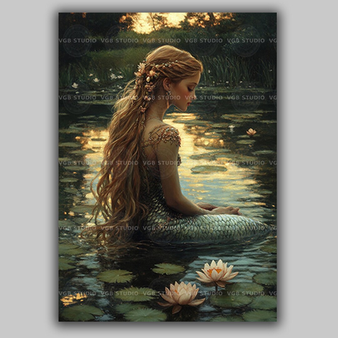 Mermaid Art Print Water Lily Pond Fantasy Woman Floral Water Art ...