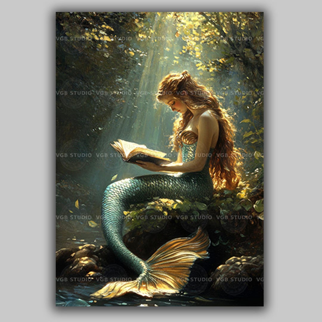 Reading Mermaid in Forest Pond Art Print, Whimsical Fantasy Decor ...