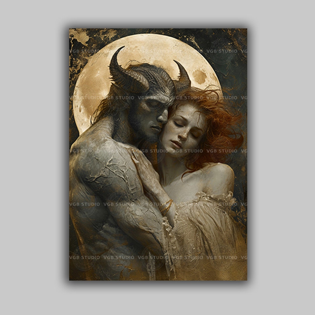 Moonlit Lovers Gothic Romance Horned Demon and Lady Artwork, Dark ...