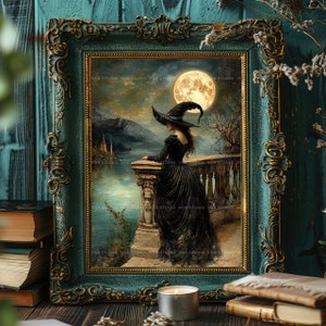 Moon Witch Balcony Art Print Gothic Landscape Wall Decor Full Moon Lake ...