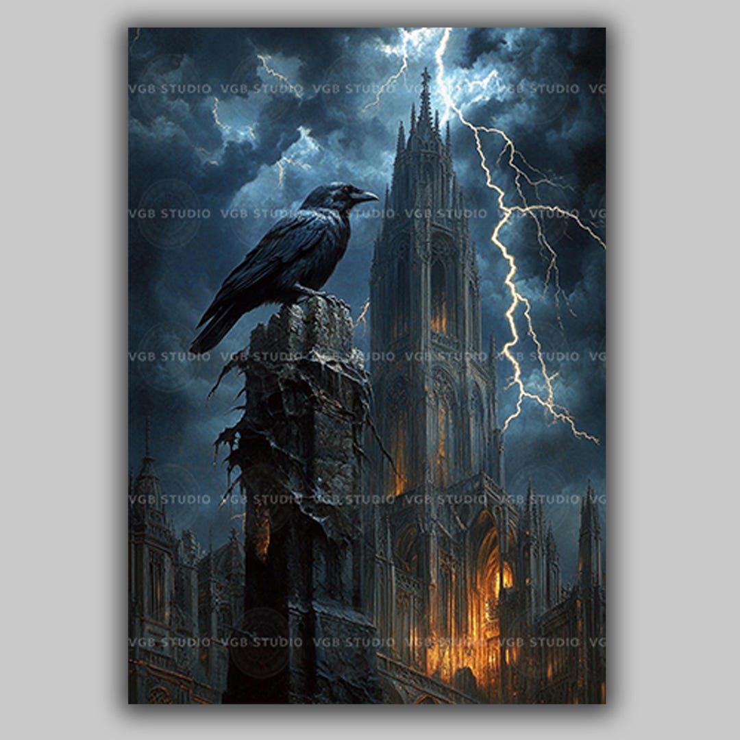 Gothic Raven Dark Cathedral Art Print, Thunder Castle Storm Fantasy ...