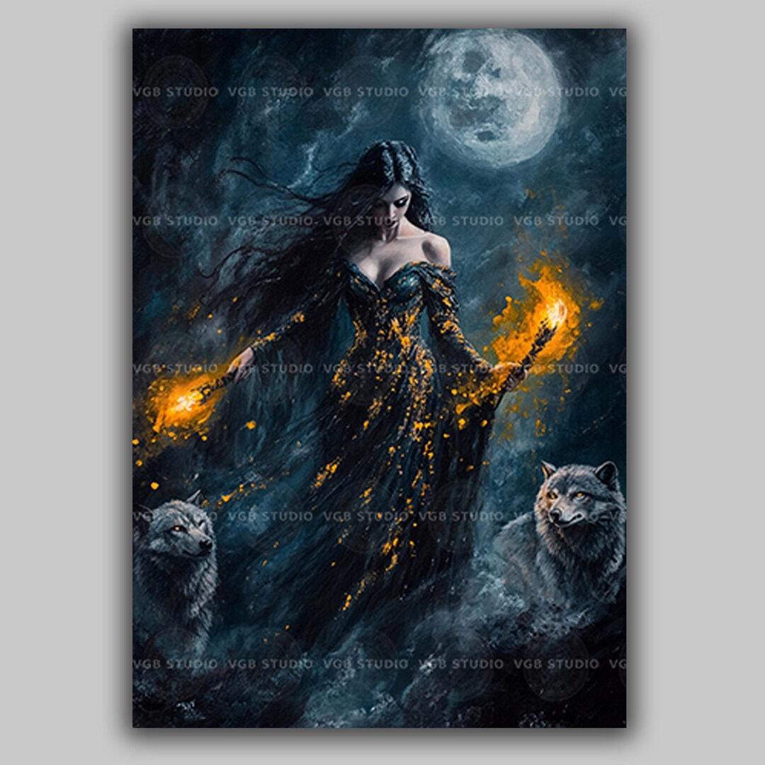 Hecate Art Print Witch Goddess With Torches and Wolves Moon Magic Dark ...