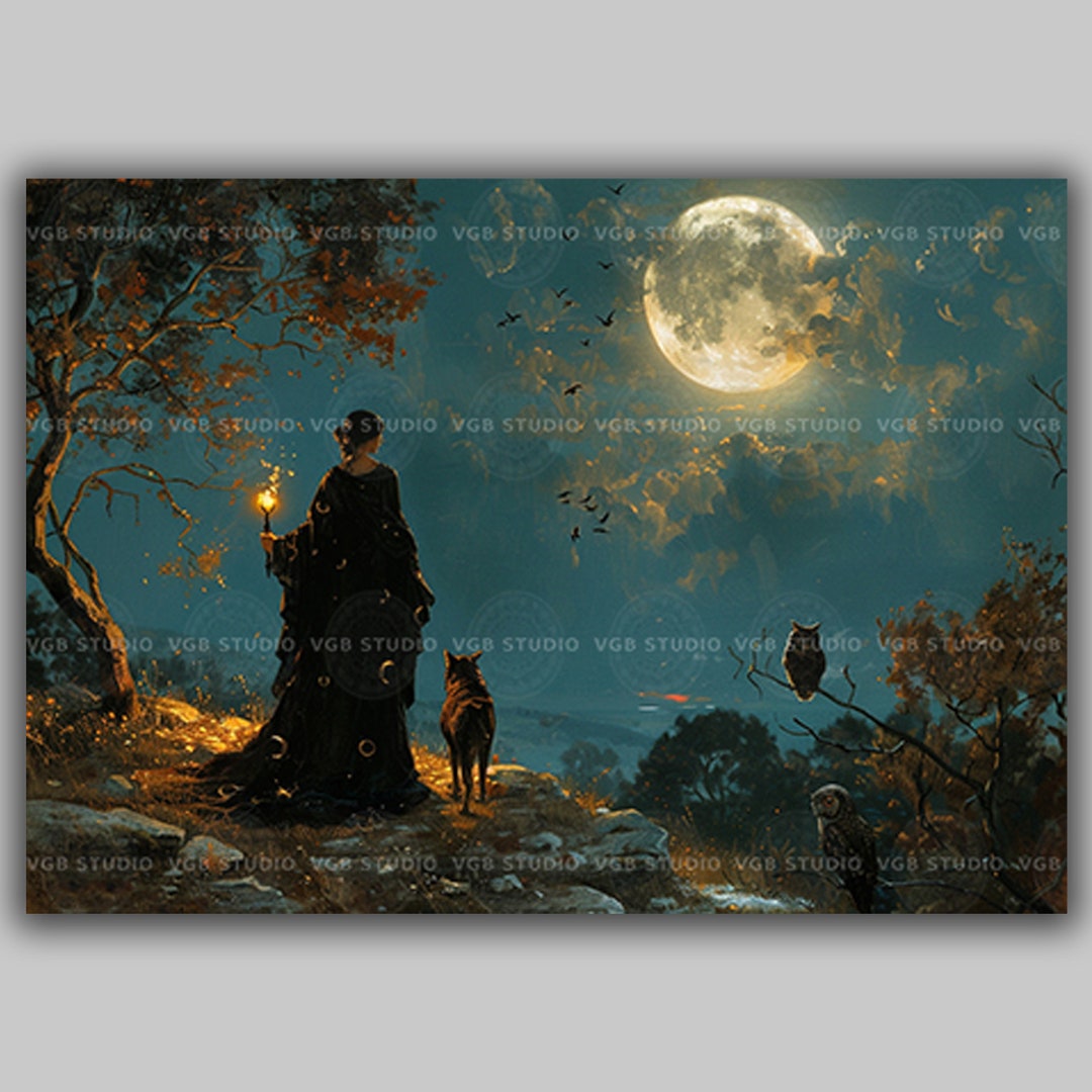 Hekate Full Moon Holding Torches With Dogs, Hecate Night Goddess Print ...