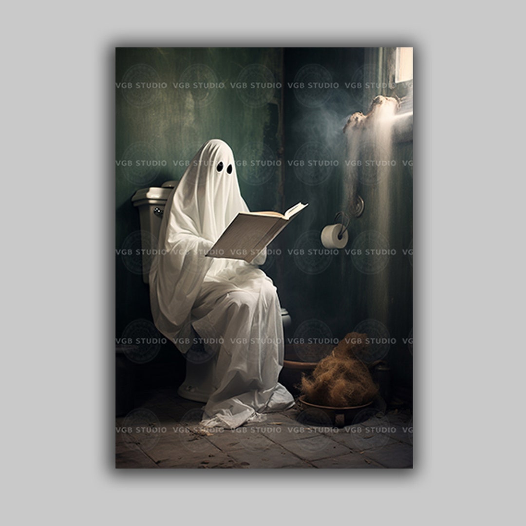 Ghost in Toilet Reading, Bathroom Whimsical Art, Funny Cool Print ...