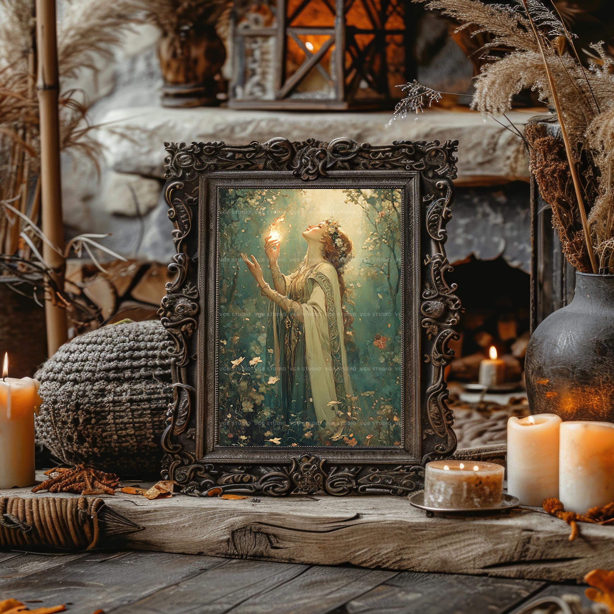 Brigid Goddess Art Print | Woman Holding Flame in Garden | Celtic Fire ...