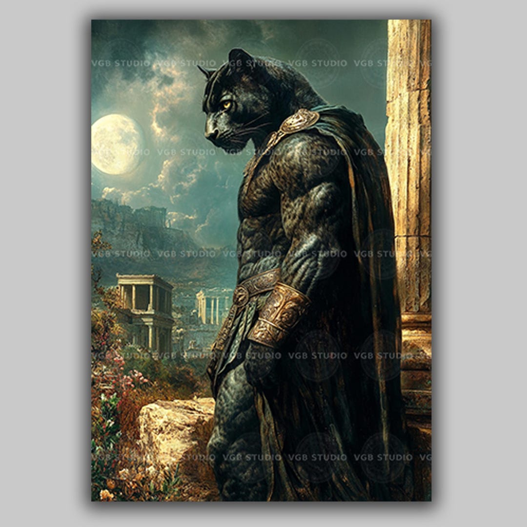 Panther Warrior Art Print Mythical Cat Wall Decor Ancient Ruins Fantasy ...