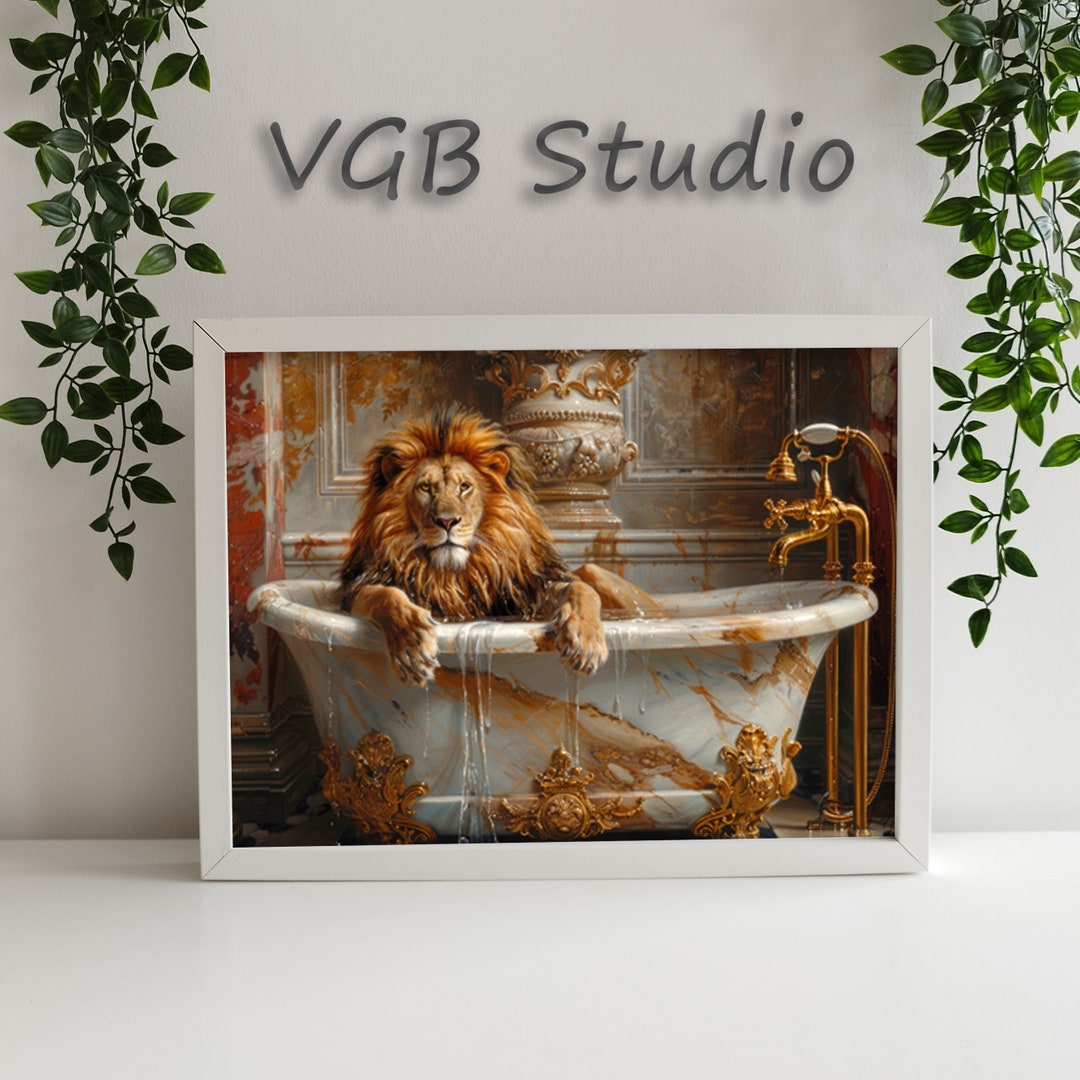 Lion Bath Victorian Bathtub, Bathroom Whimsical Fine Art Print, Big ...