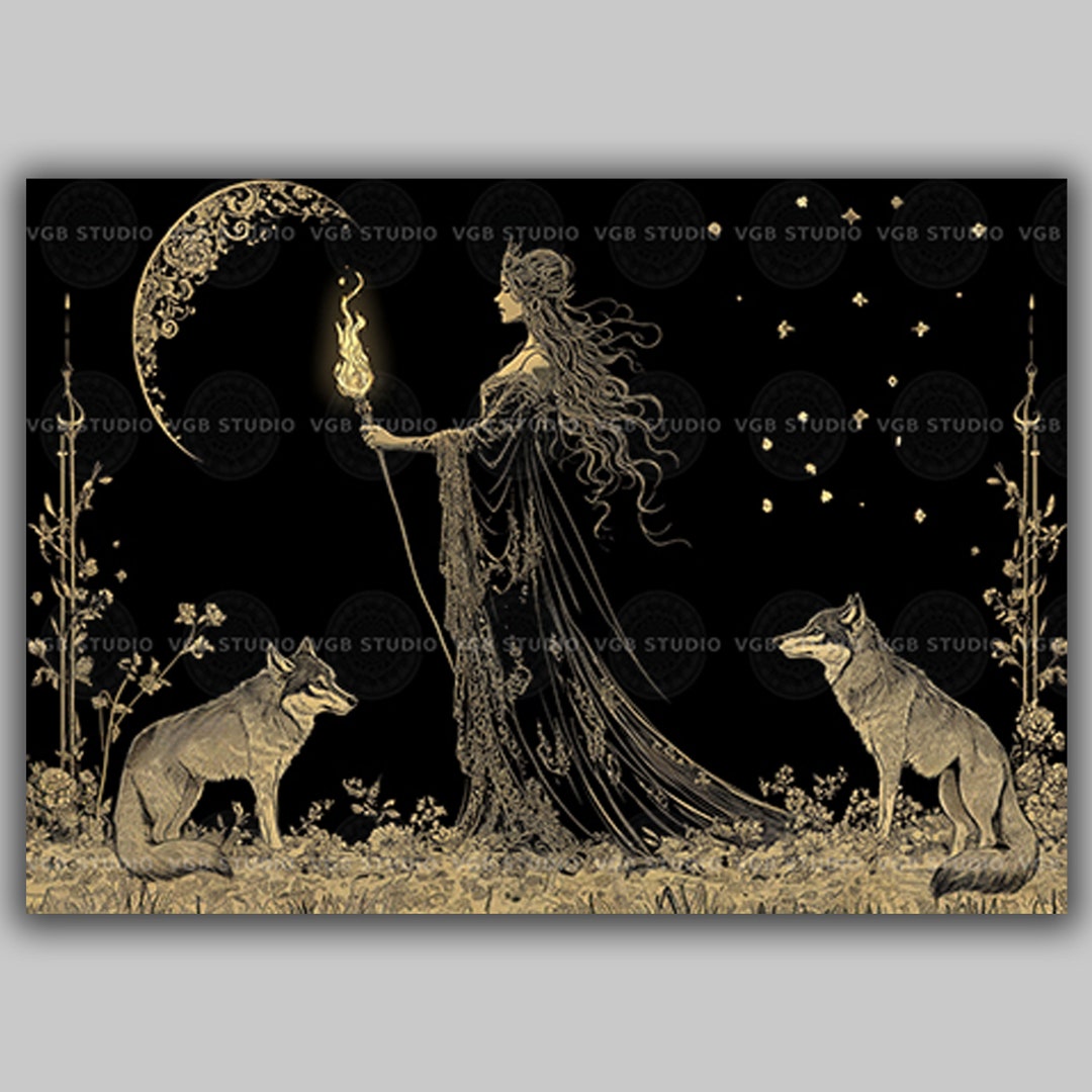 Hecate Art Print Moon Goddess With Wolves Gold Line Pagan Witch Wall ...