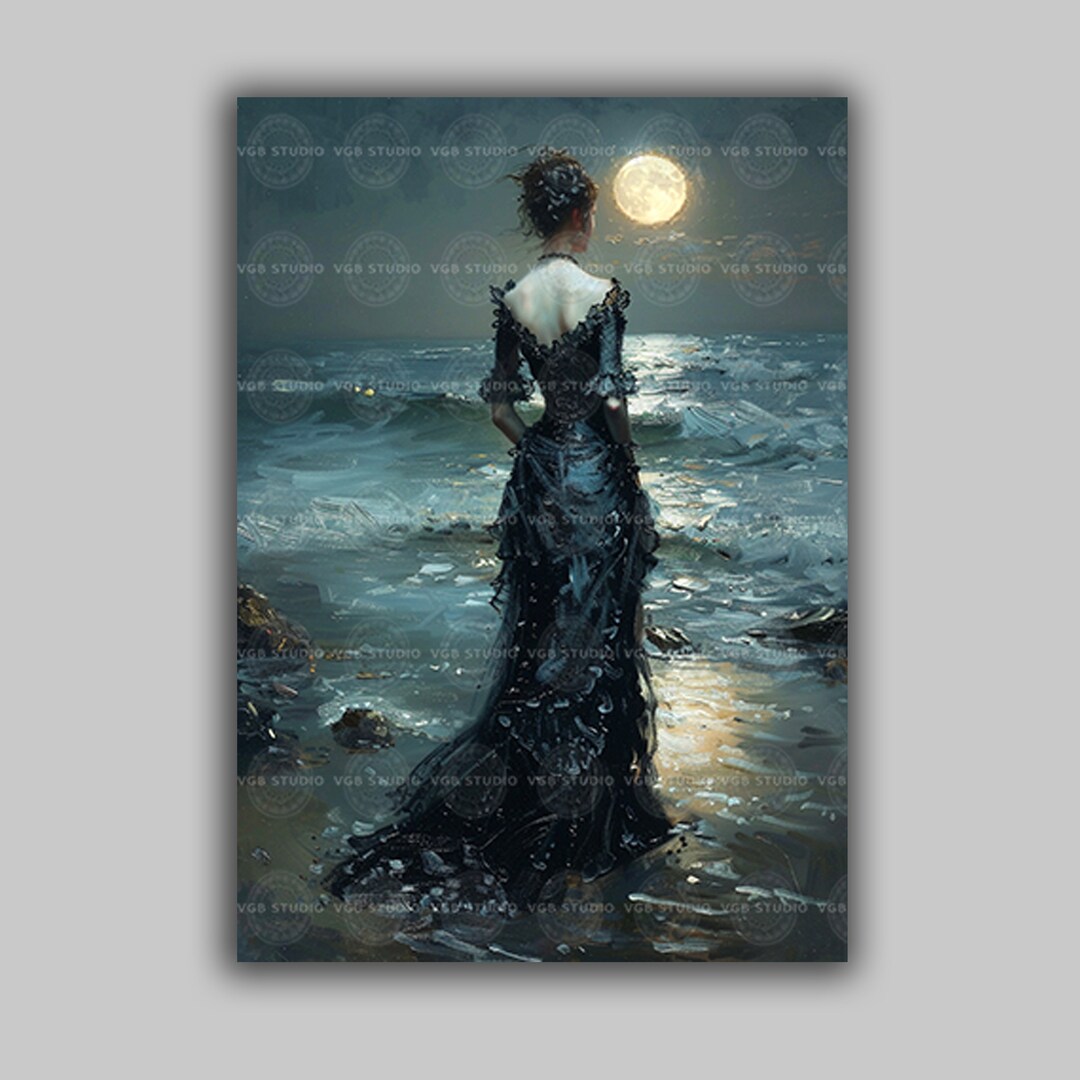 Moonlit Sea Woman Art Print Gothic Ocean Night Black Dress Fantasy Wall ...