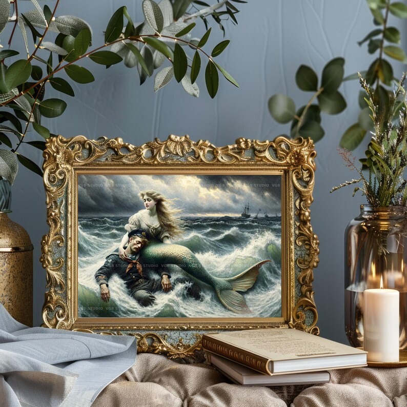 Mermaid Rescuing Sailor Art Print | Victorian Ocean Storm Wall Decor ...