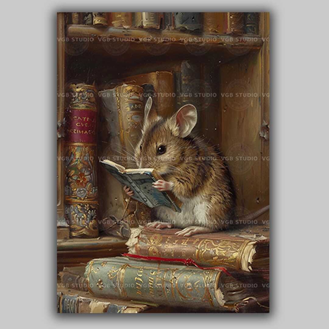 Mouse Reading Book Antique Old Library Print, Bookish Animal Whimsical ...