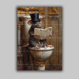 Mouse Rat Gentleman Reading Newspaper on Royal Toilet Whimsical Fine ...