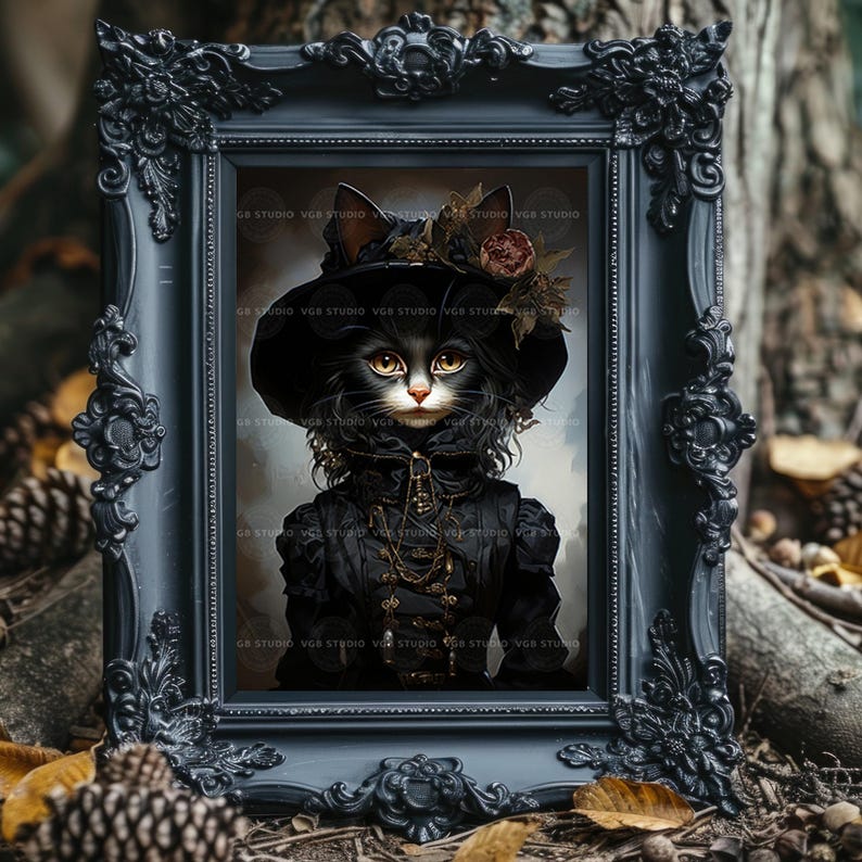 Victorian Cat Wall Art Gothic Tuxedo Kitten Portrait Anthropomorphic ...