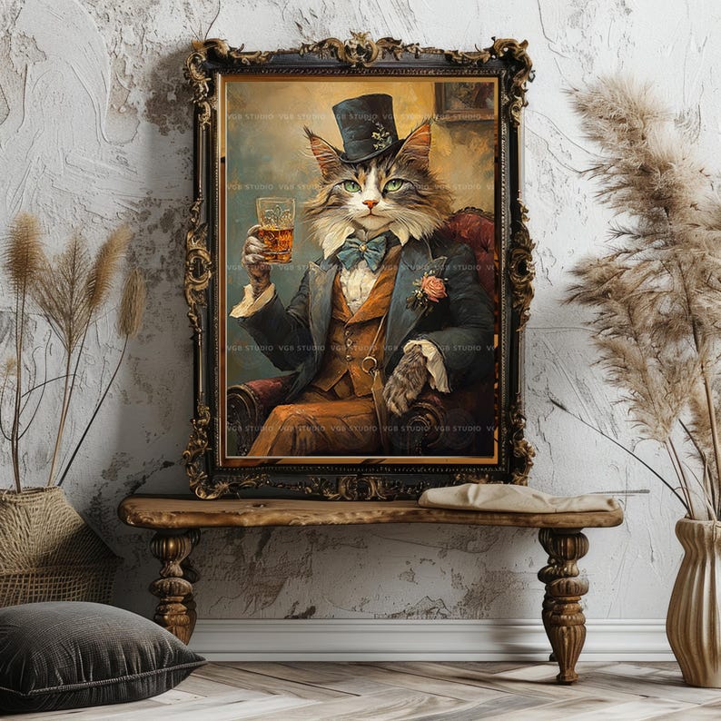 Victorian Cat Art Print Whimsical Animal Portrait Dapper Cat With Drink ...