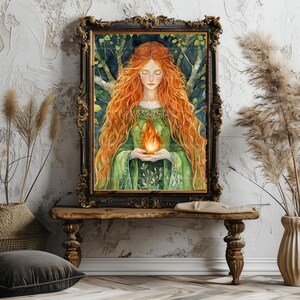 Celtic Goddess Brigid Irish Mythology Fire and Nature Art,pagan Divine Feminine Green Deity ...