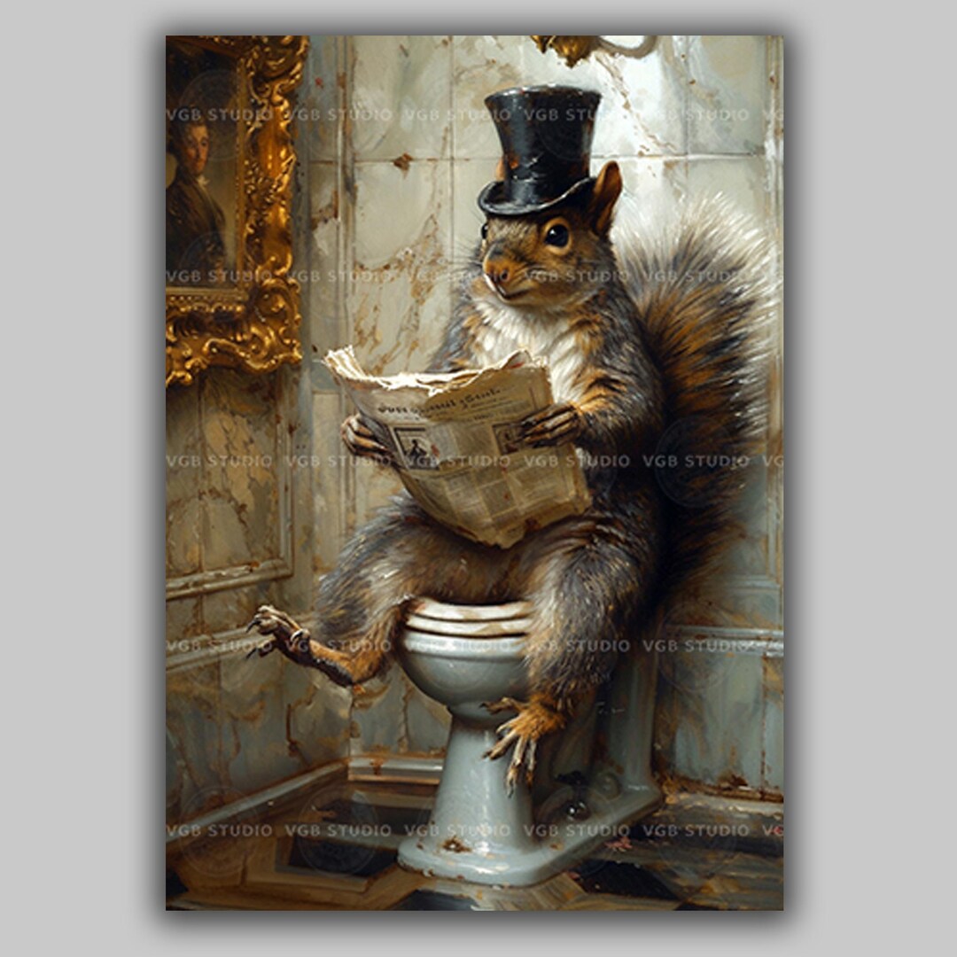 Squirrel Gentleman Top Hat Reading Newspaper On Royal Toilet Whimsical
