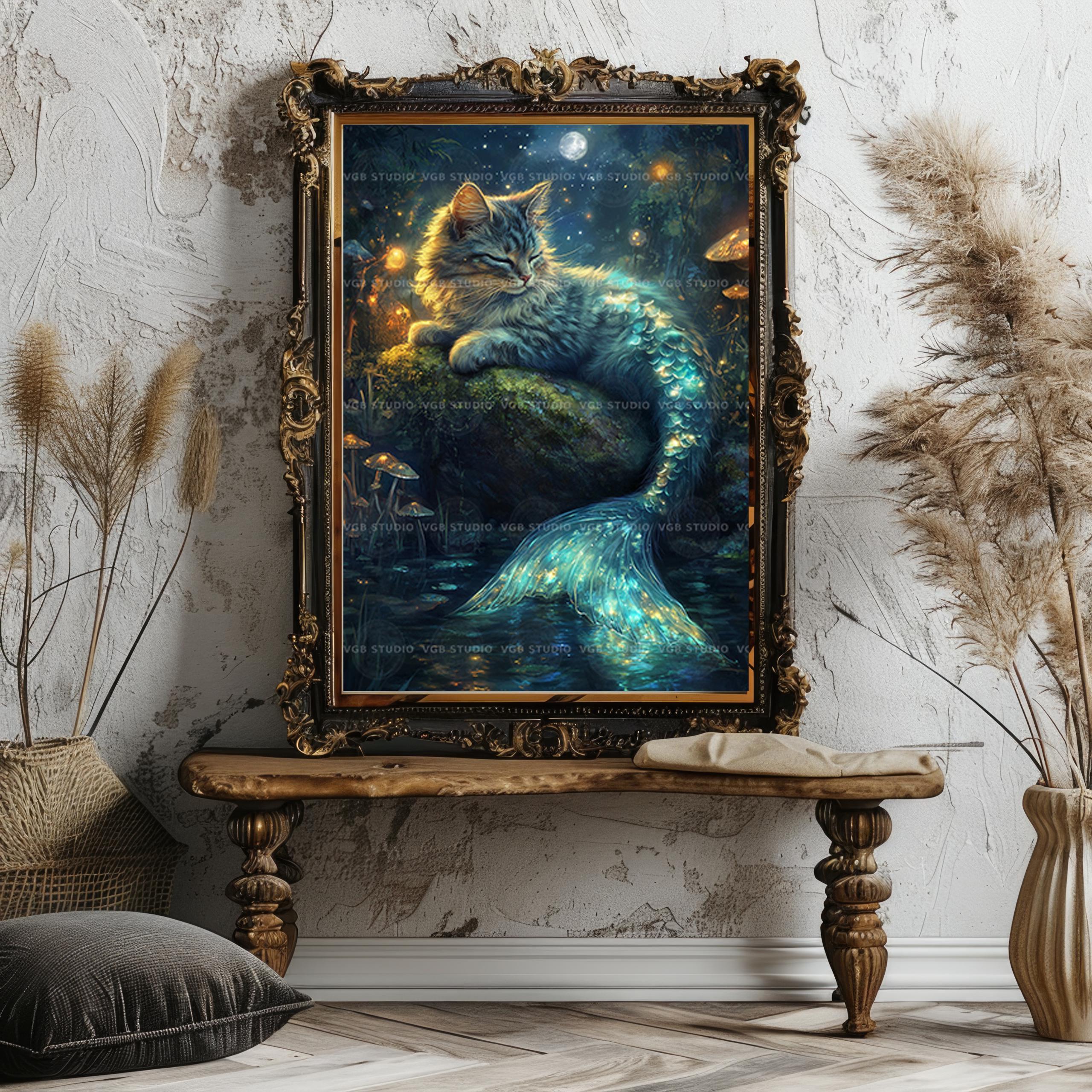 Mermaid Cat Mystical Fantasy Wall Art Enchanting Moonlit Forest Magical ...