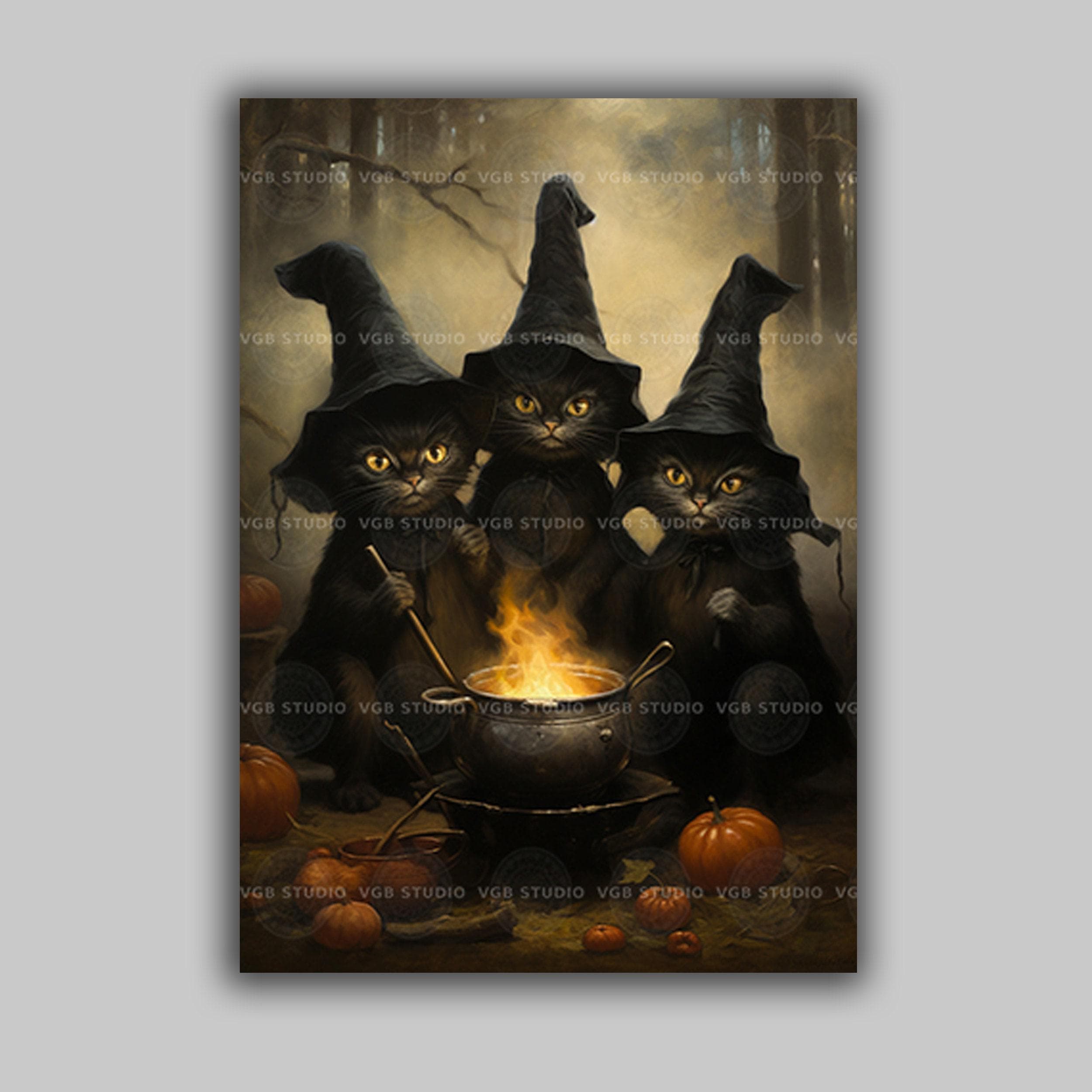 Witch Cats Art Print Black Cat Halloween Decor Pumpkin Cauldron Wall ...