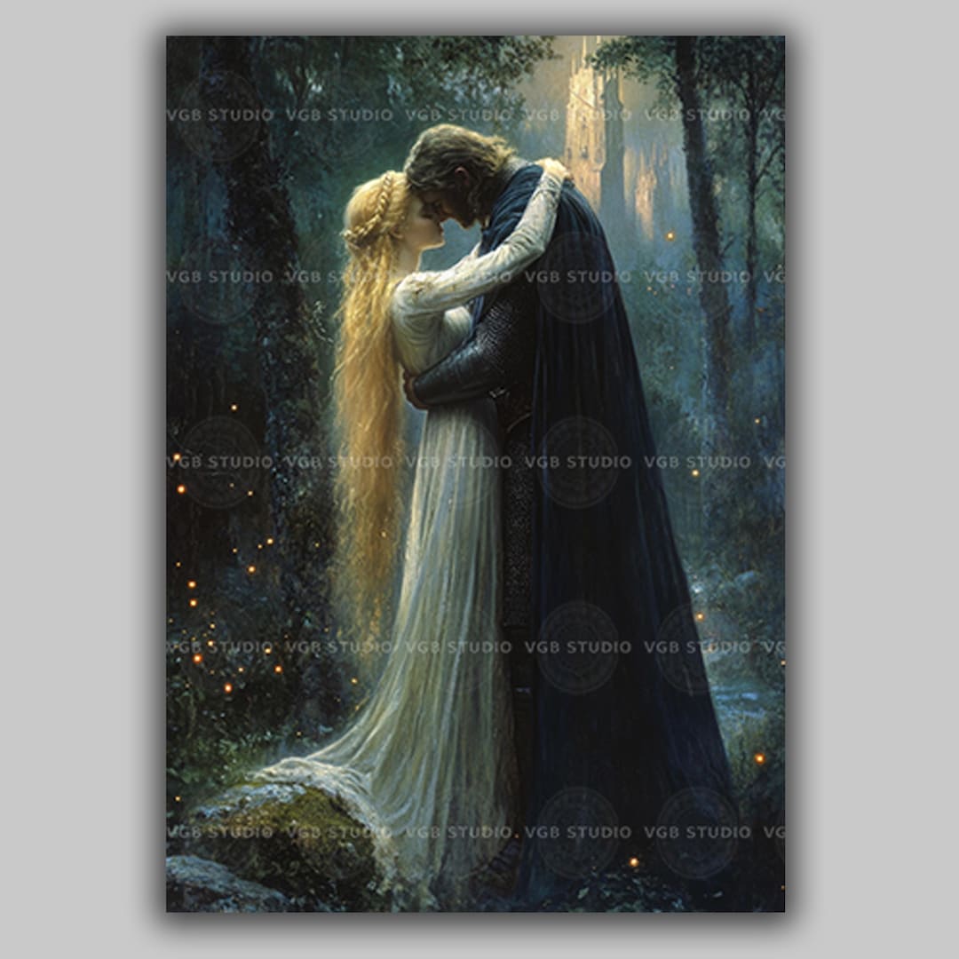 Guinevere and Lancelot Art Print Romantic Knight and Lady Forest Scene ...