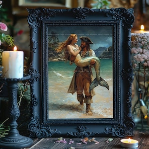 Pirate Carrying Mermaid Art Print Fantasy Ocean Romance Nautical Wall ...
